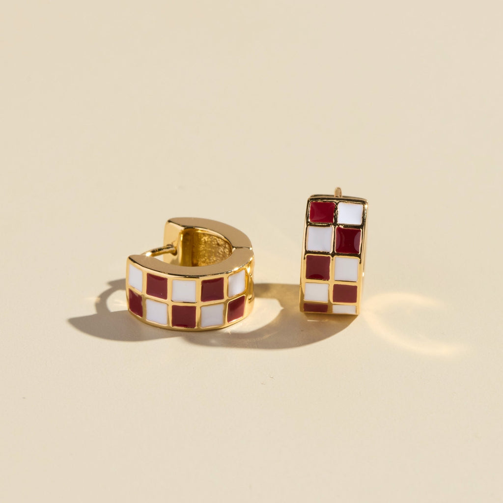 Maroon & White Checkered Enamel Huggies - Nickel & Suede