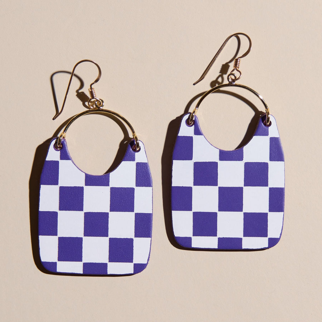 Purple Checkmate Charlies | Nickel & Suede | Lightweight Leather Earrings