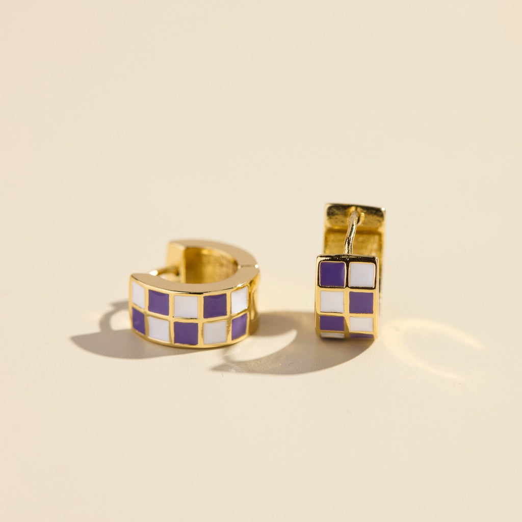 Purple & White Checkered Enamel Huggies - Nickel & Suede