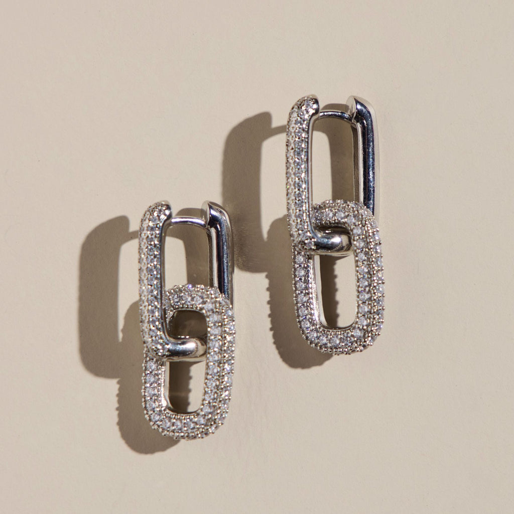 Silver Pavé Double Link Hoops - Nickel & Suede