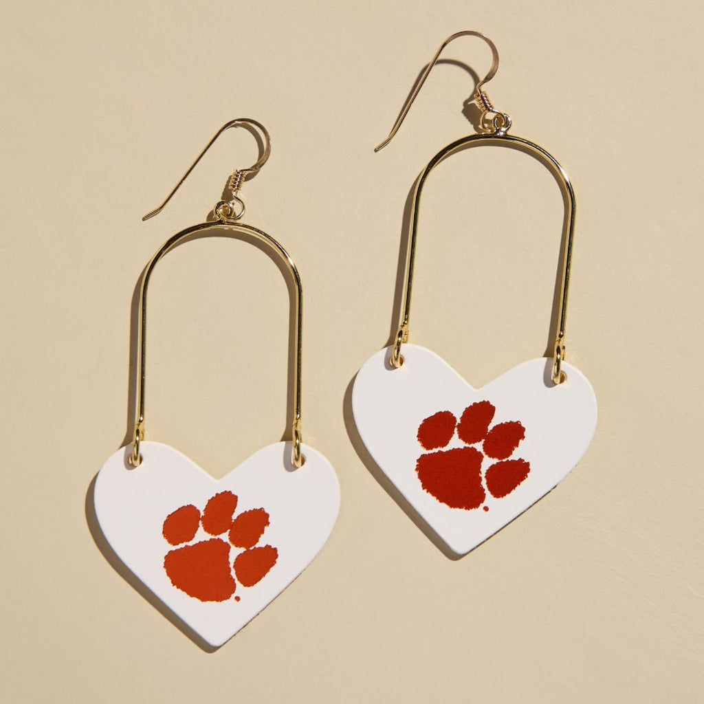 White Clemson University Paw Print Heartthrobs - Nickel & Suede